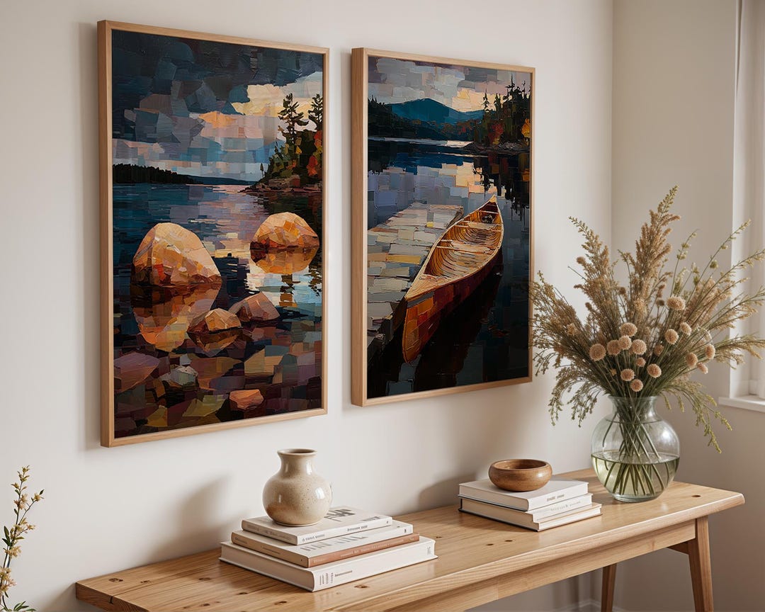 Abstract Lake Art Print Set, Canoe Art Wall Decor, Lake Stones Artwork ...
