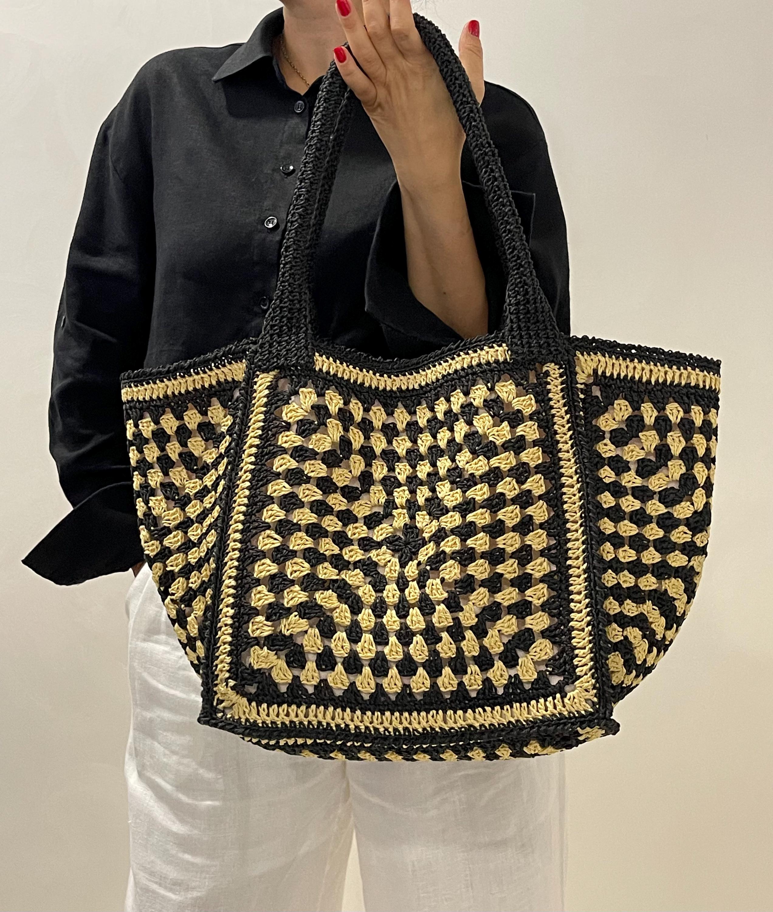 Crochet Raffia Tote Bag: Boho Granny Square Beach Purse - Etsy