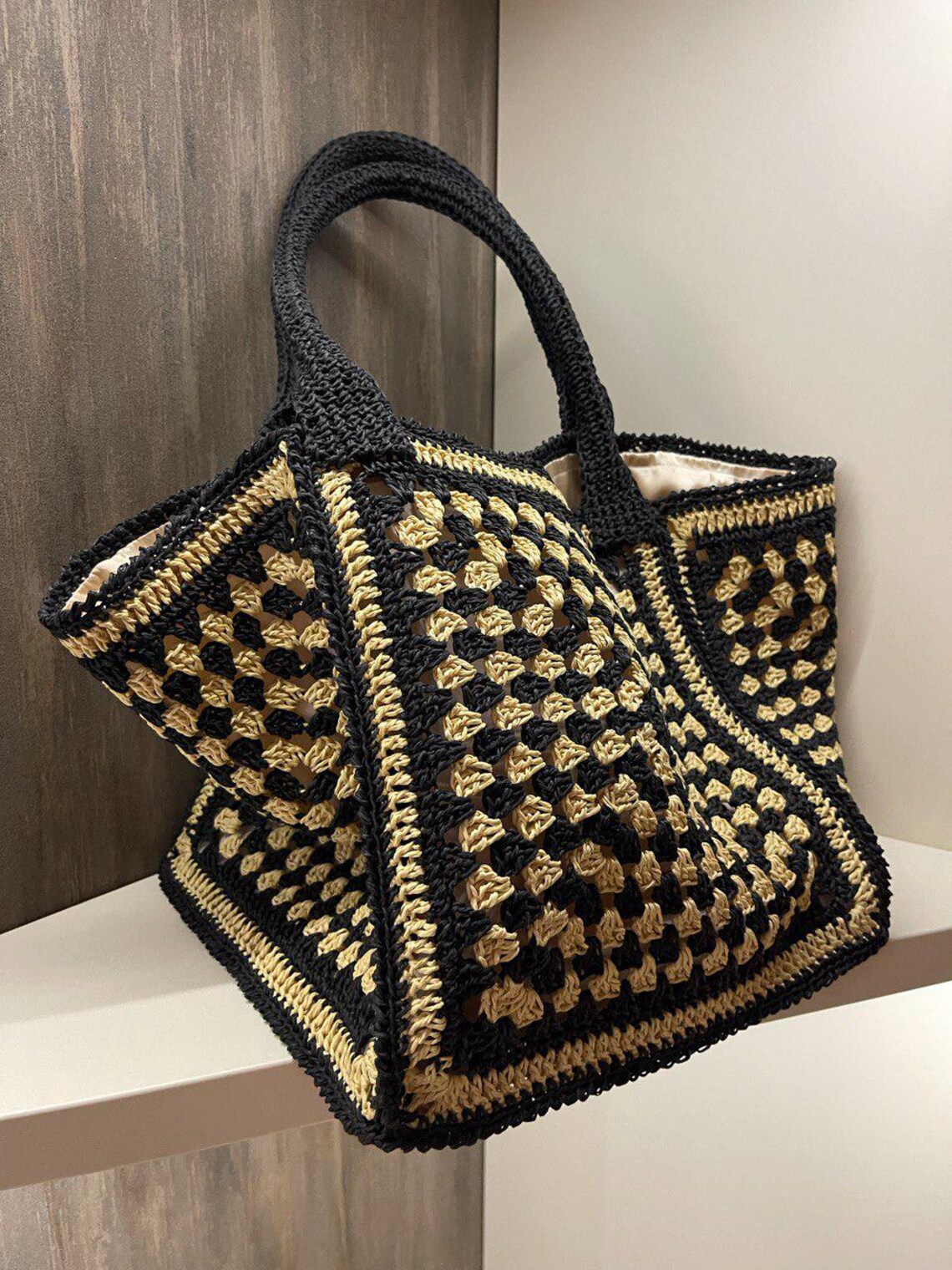 Crochet Raffia Tote Bag: Boho Granny Square Beach Purse - Etsy