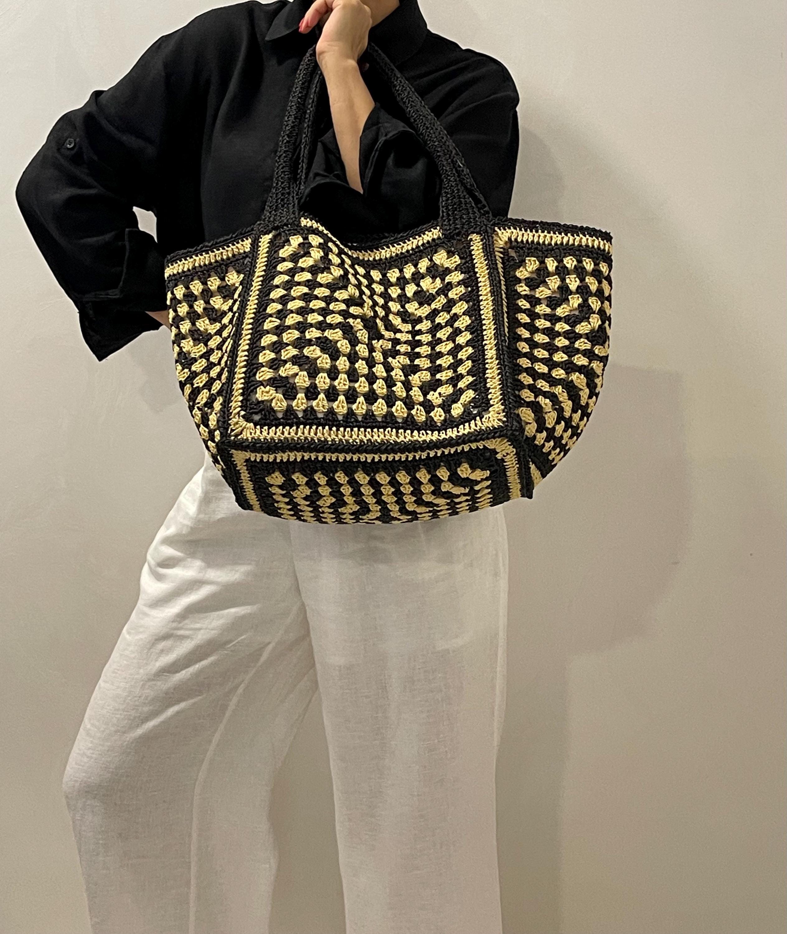 Crochet Raffia Tote Bag: Boho Granny Square Beach Purse - Etsy