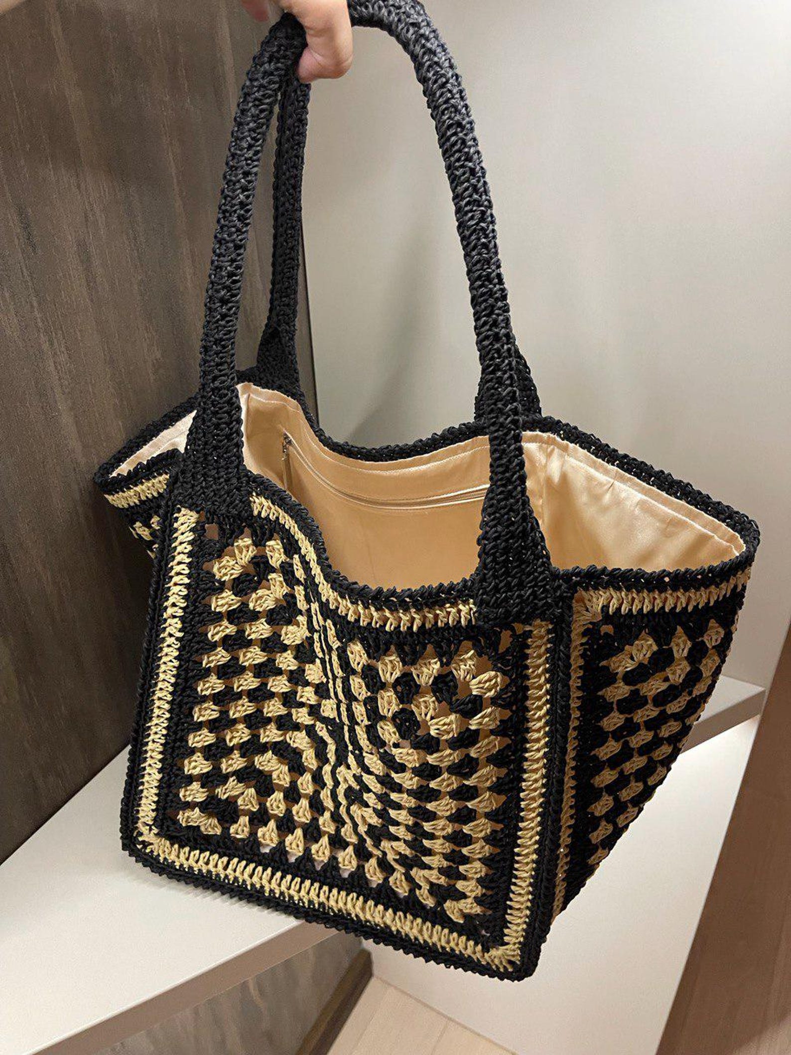 Crochet Raffia Tote Bag: Boho Granny Square Beach Purse - Etsy