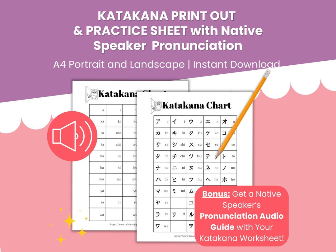 Japanese Katakana Poster and Writing Practice Worksheet With Native ...