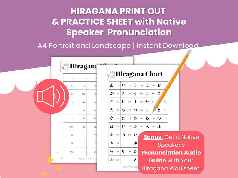 Japanese Hiragana Poster and Writing Practice Worksheet With Native ...