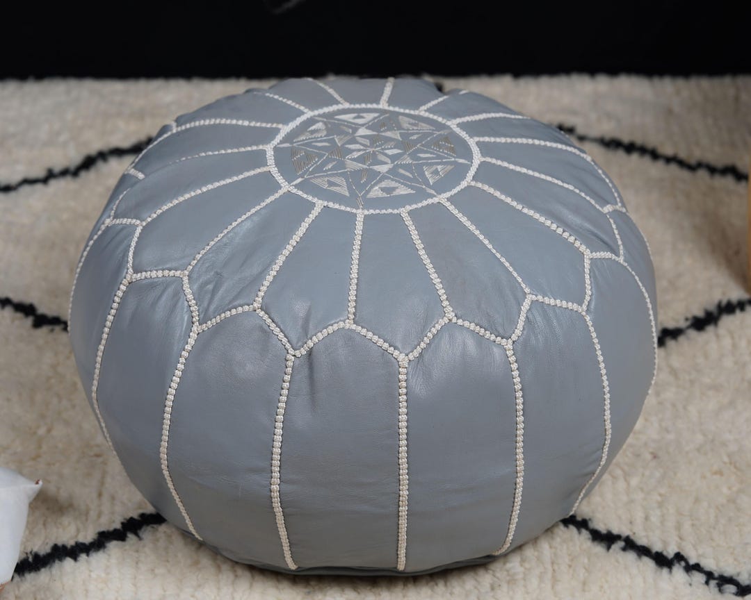 Moroccan POUF Grey Leather Pouf Ottoman Pouf Morrocan Leather Pouf ...