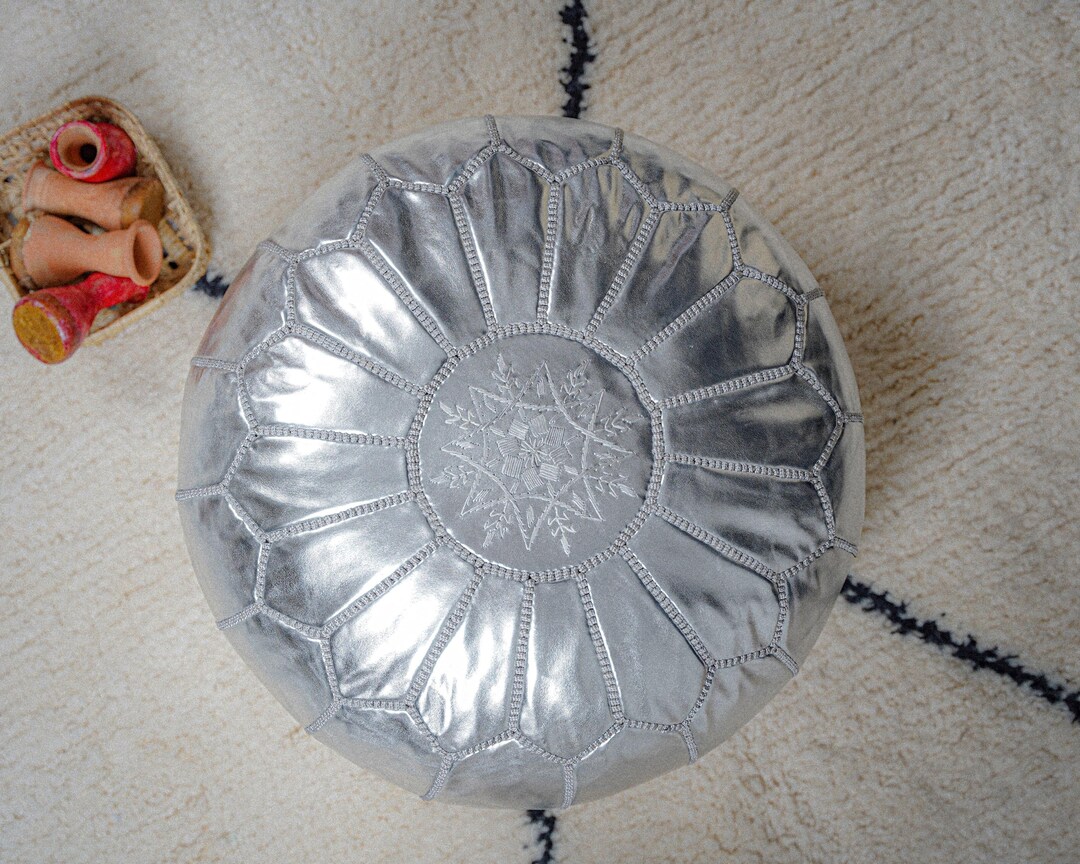 Silver Moroccan Pouf: Round Unstuffed Ottoman Footstool, Boho Decor ...
