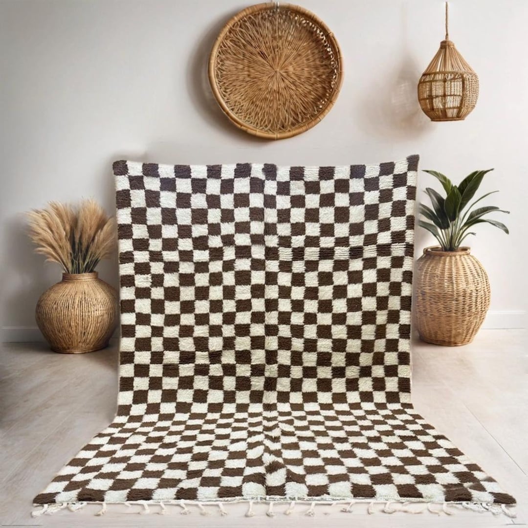 Large Brown and White Checkered Rug, Moroccan Berber Checkered Rug ...