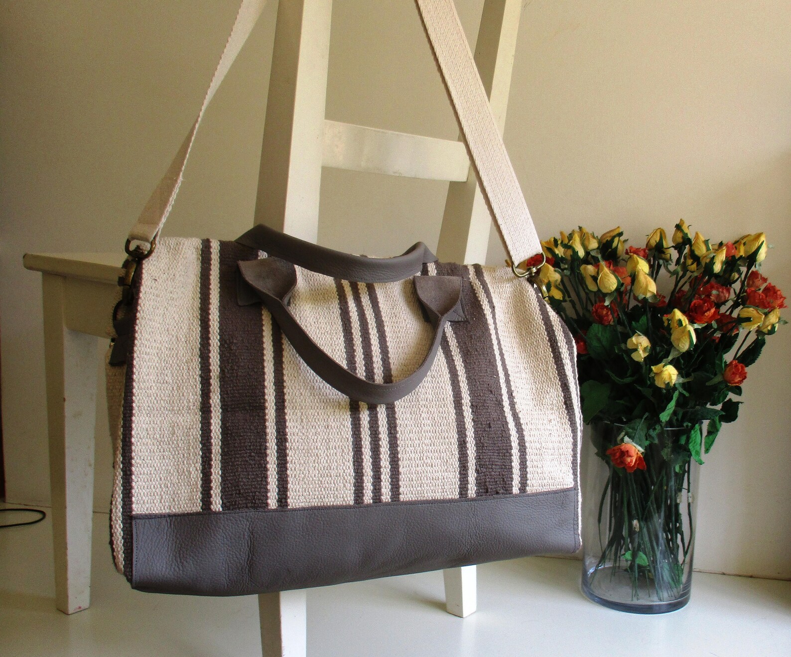 XL Grain Sack Grey Stripes Doctor Handbag / Messenger | Etsy