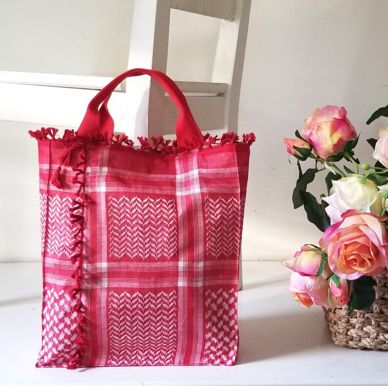Palestinian Red Keffiyeh Tote Upcycled Traditional Shemagh With Tassels ...