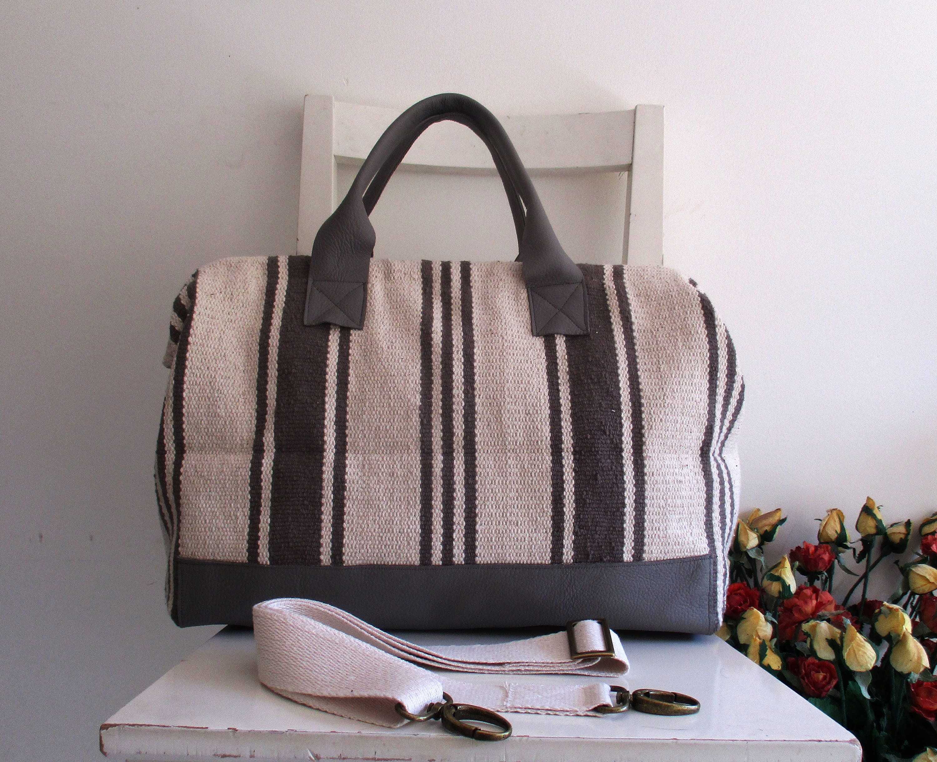 XL Grain Sack Grey Stripes Doctor Handbag / Messenger | Etsy