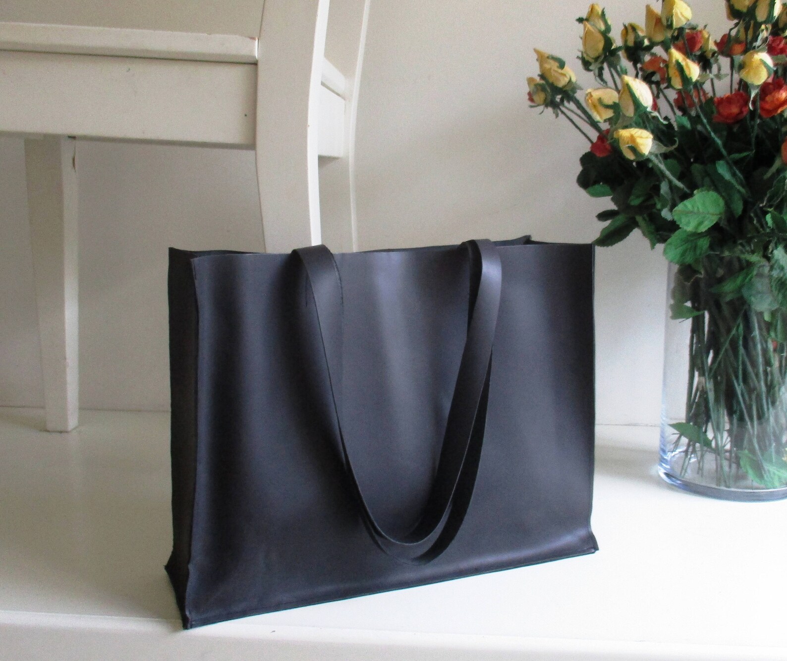 Medium Size Black Leather Tote Shoulder Bag - Etsy