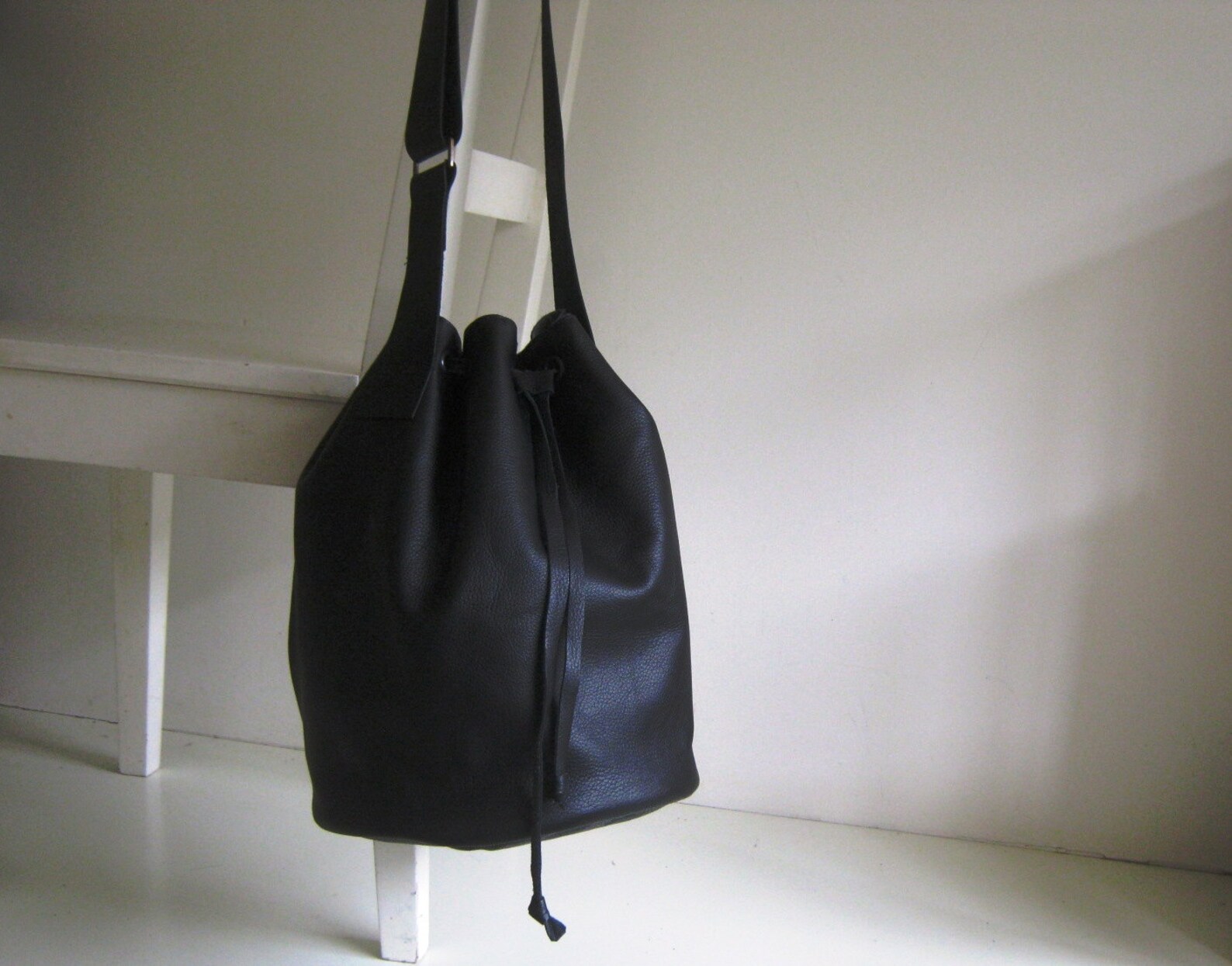 Black Leather Bucket Messenger | Etsy