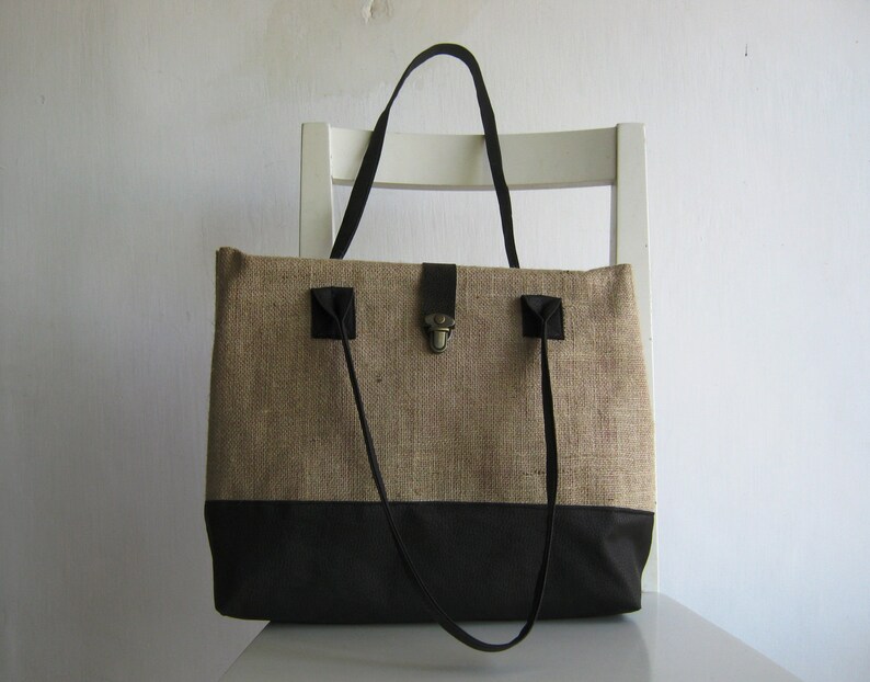 Burlap / Jute and Vegan Leather Tote - Etsy