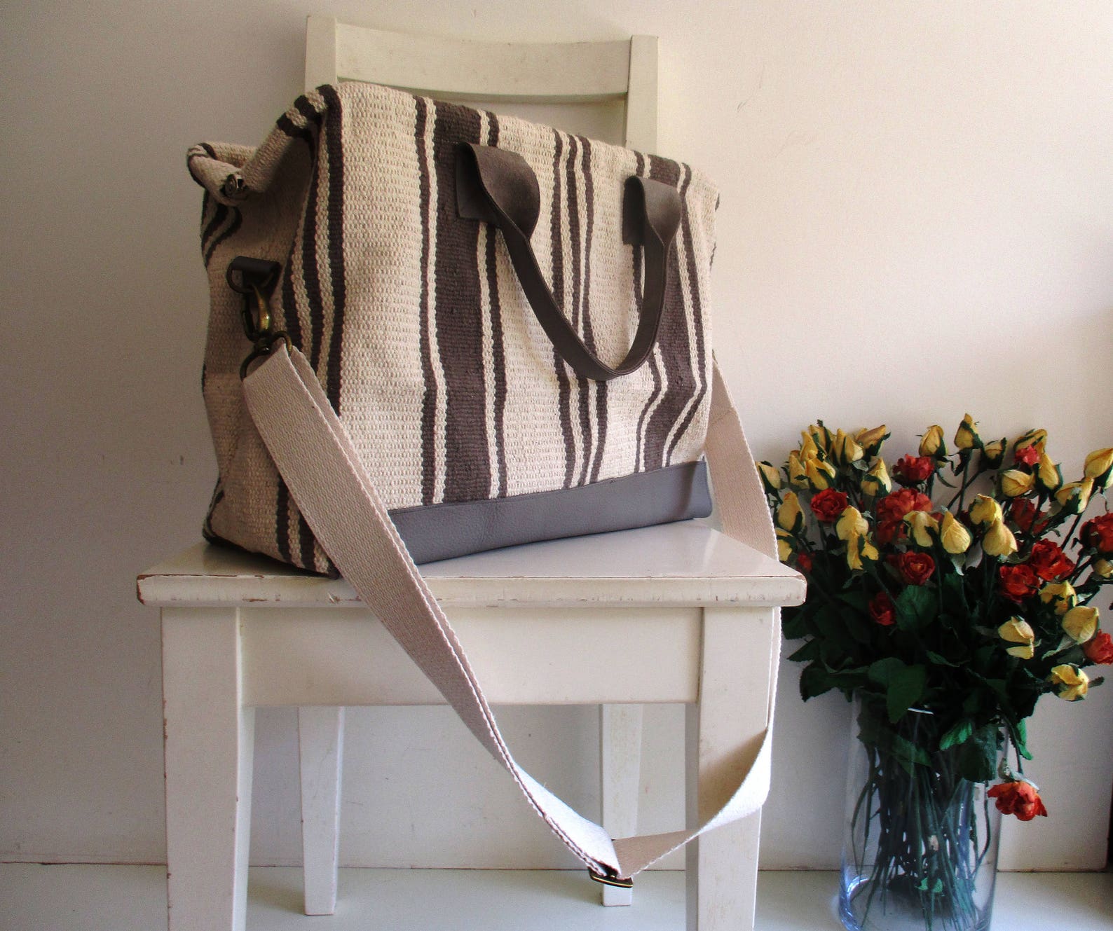 XL Grain Sack Grey Stripes Doctor Handbag / Messenger | Etsy