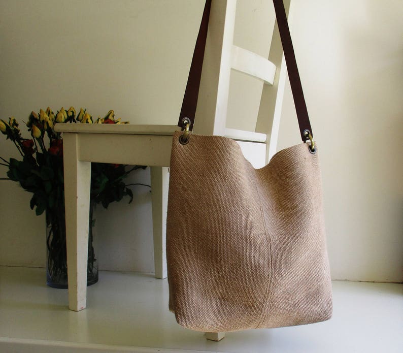 Basic Perfect Shoulder Bag / Messenger in Natural Burlap Color and ...
