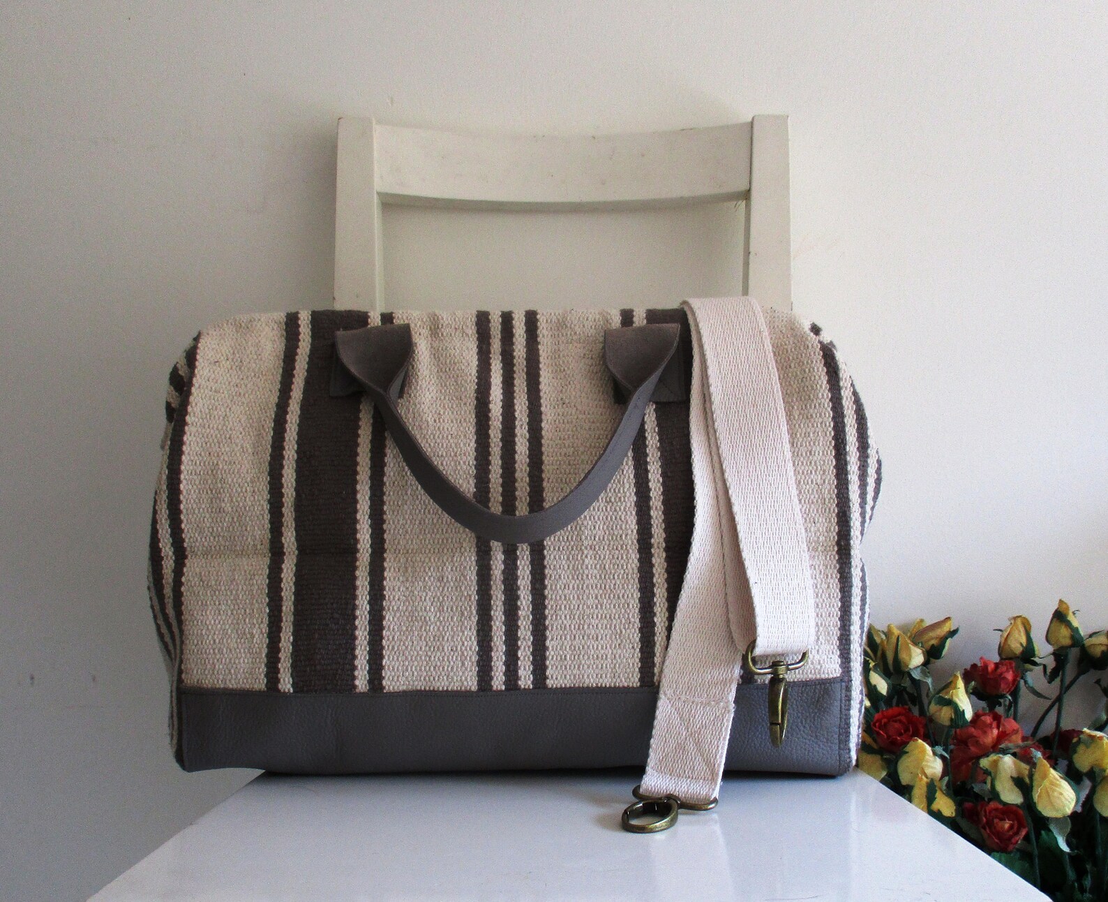 XL Grain Sack Grey Stripes Doctor Handbag / Messenger | Etsy