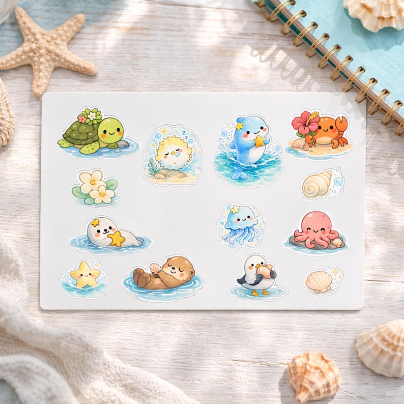 Kawaii Ocean Animals Sticker Sheet | Watercolor Sea Life Vinyl Decals ...