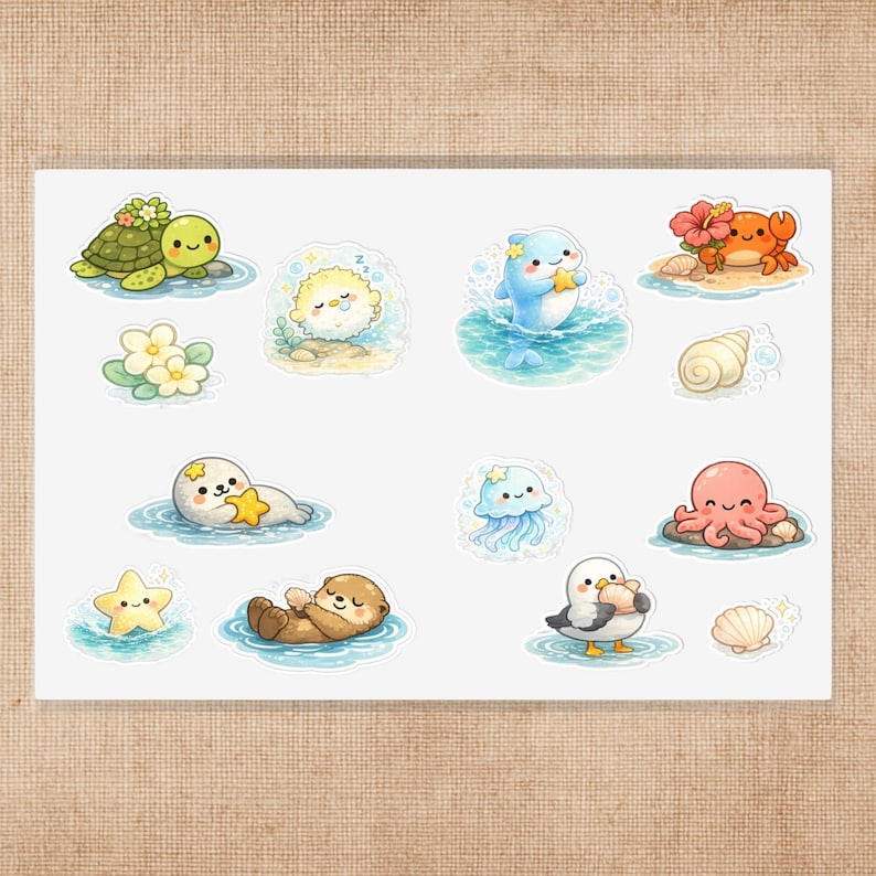 Kawaii Ocean Animals Sticker Sheet | Watercolor Sea Life Vinyl Decals ...