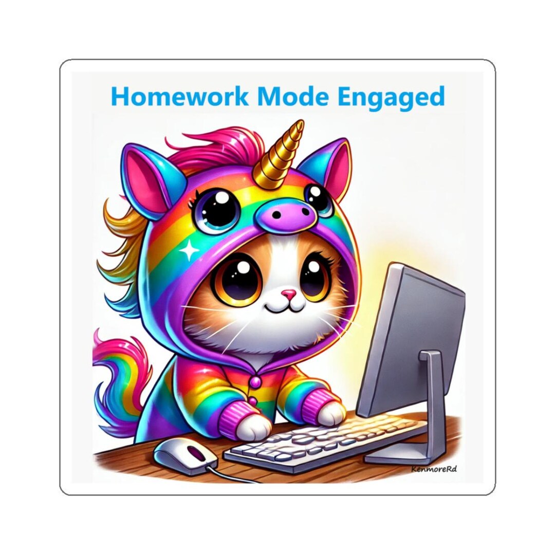 Homework Mode, Cat on a Laptop Sticker, Kawaii Animal Decal, Unicorn ...