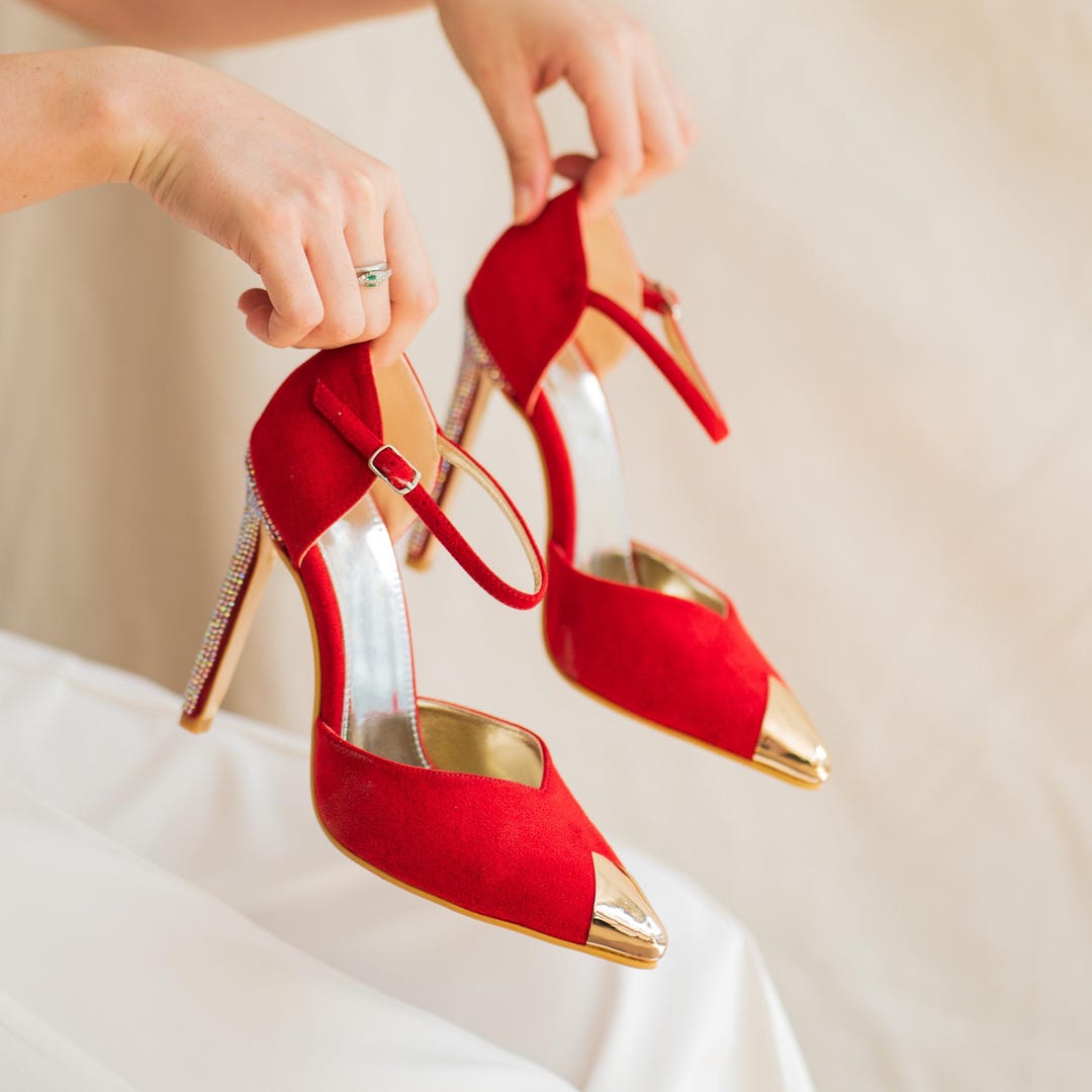 Red Suede Women's High Heels With Gold Detailing Wedding Shoes - Etsy