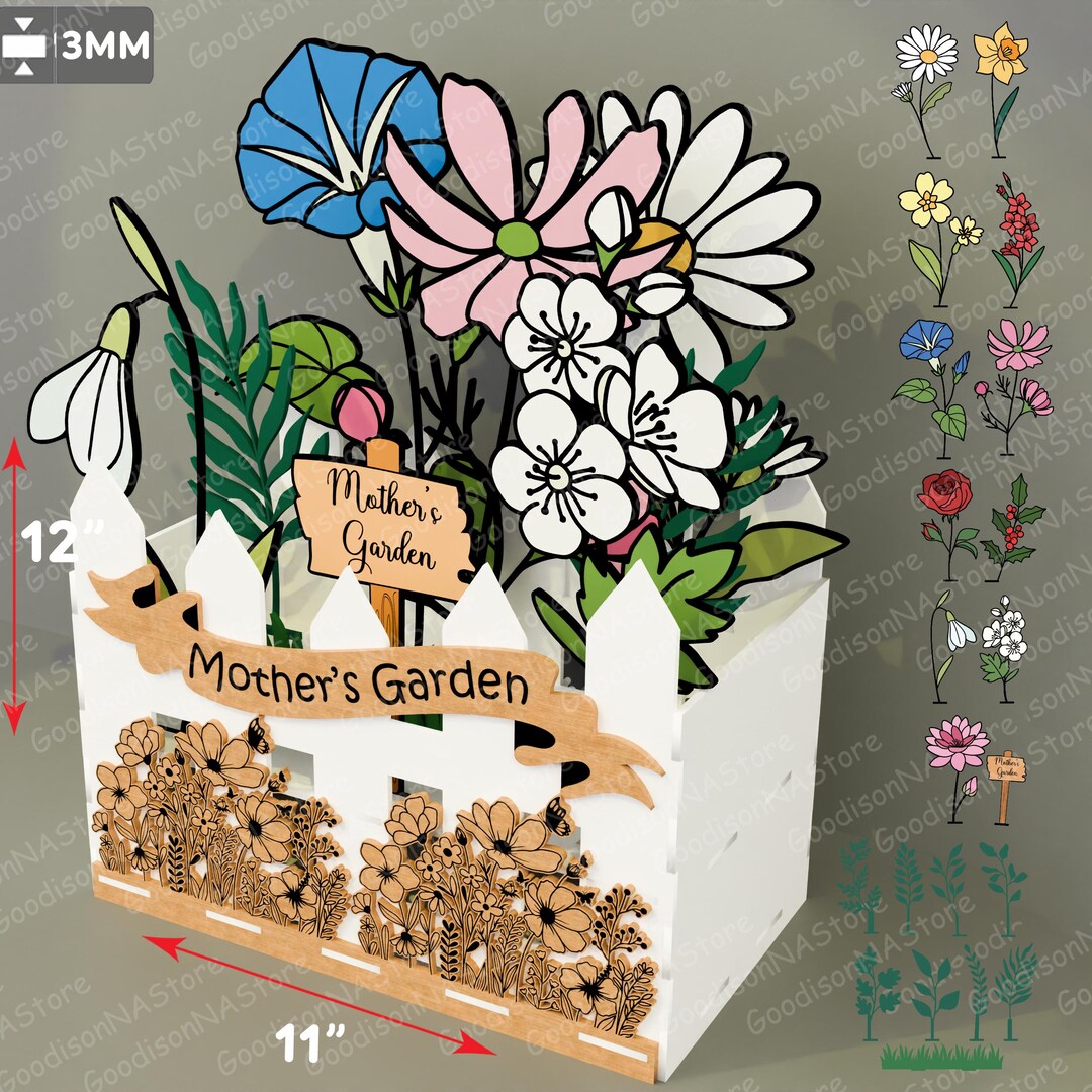 Mother’s Garden Flower Box SVG, Laser Cut Floral Bouquet Sign, Mom’s ...