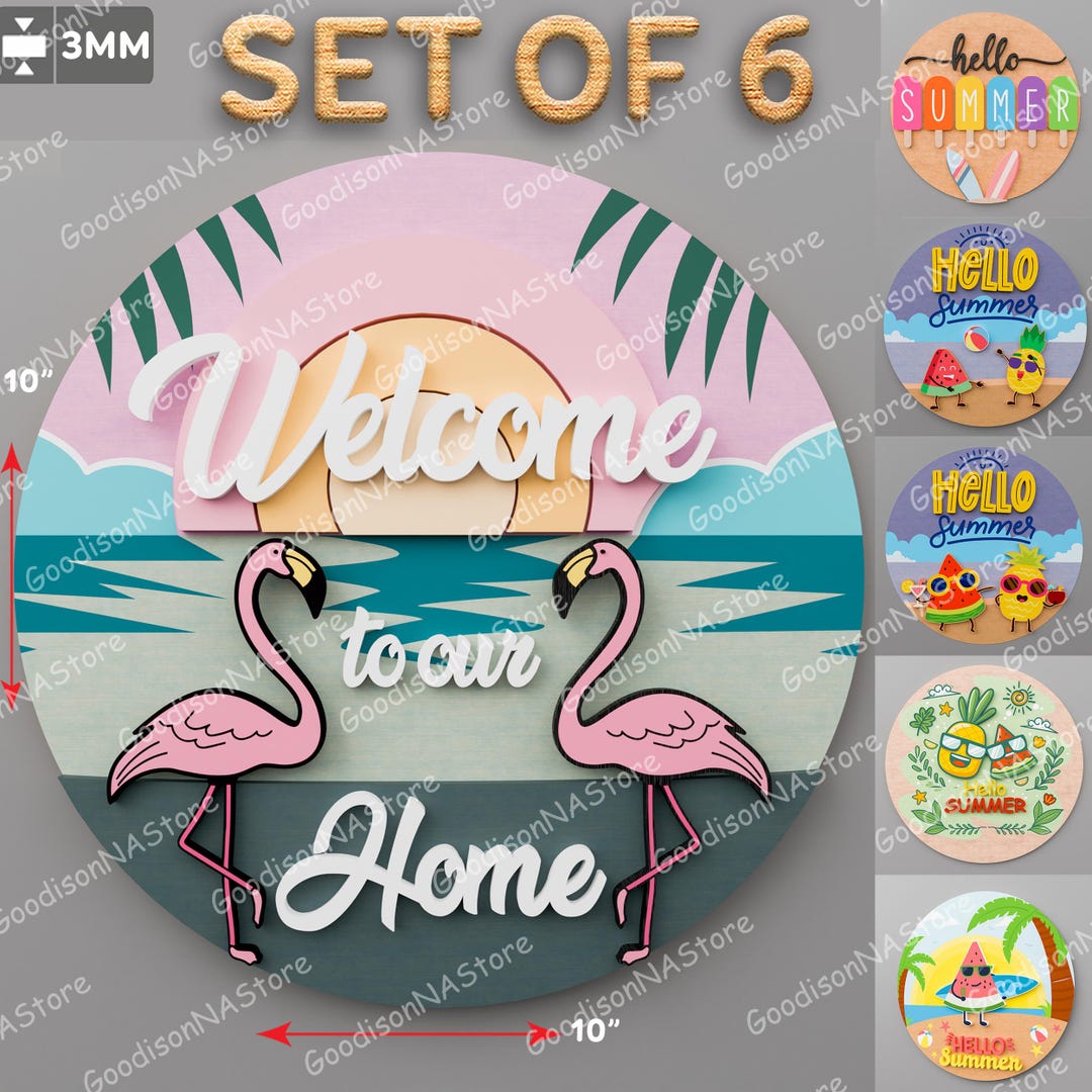 Summer Welcome Door Sign Bundle, Hello Summer Flamingo Tropical Beach Round Sign, Fun Vacation ...