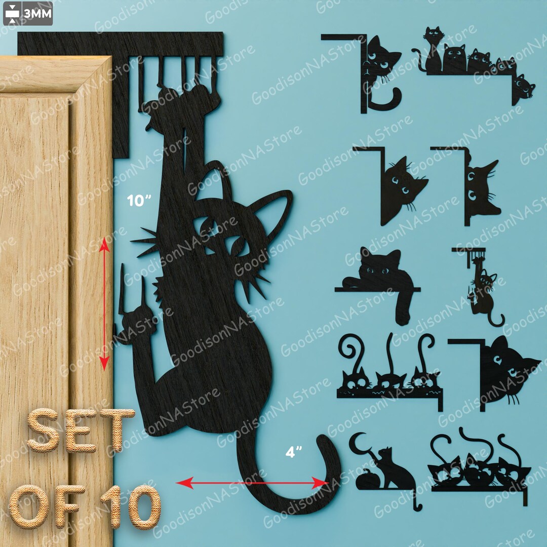 Set of 10 Black Cat Door Corner Decor, Halloween Cat Silhouette Wall ...