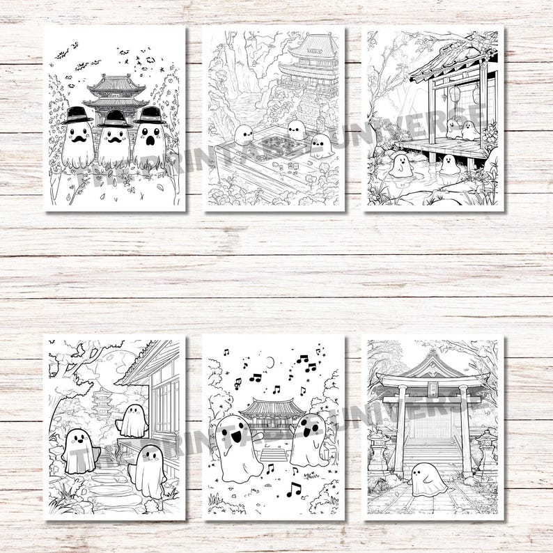 60 Ghosts in Japanese Temple Coloring Pages, Digital Coloring Book ...