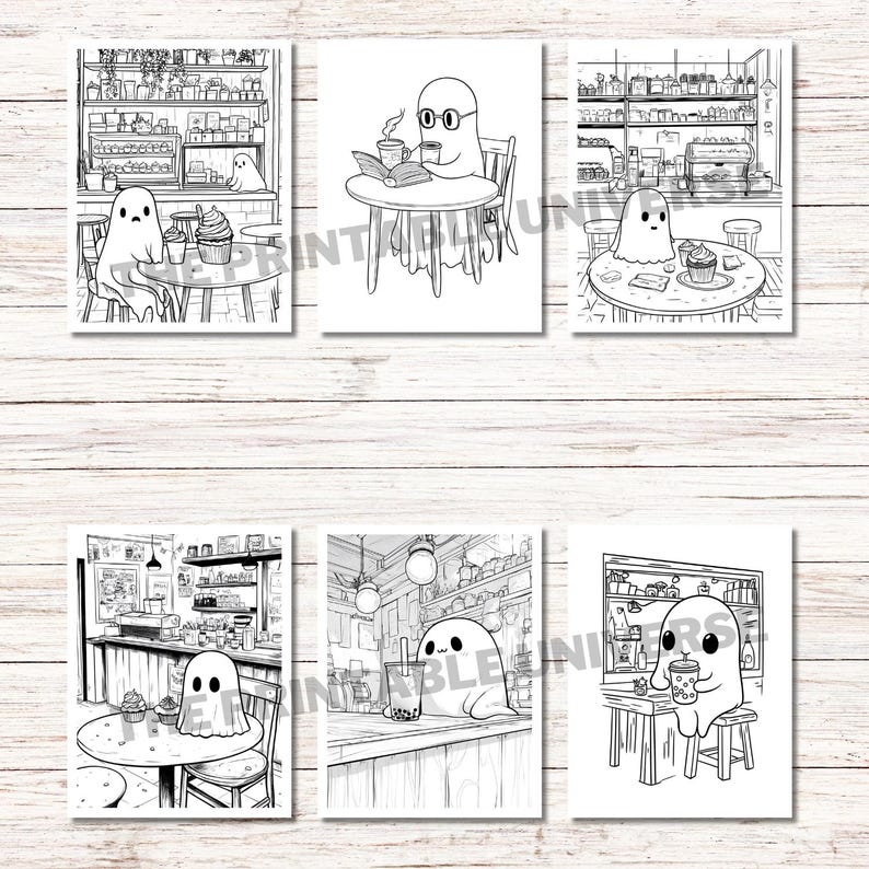 60 Ghosts in Coffee Shop Coloring Pages, Digital Coloring Book, Cute ...