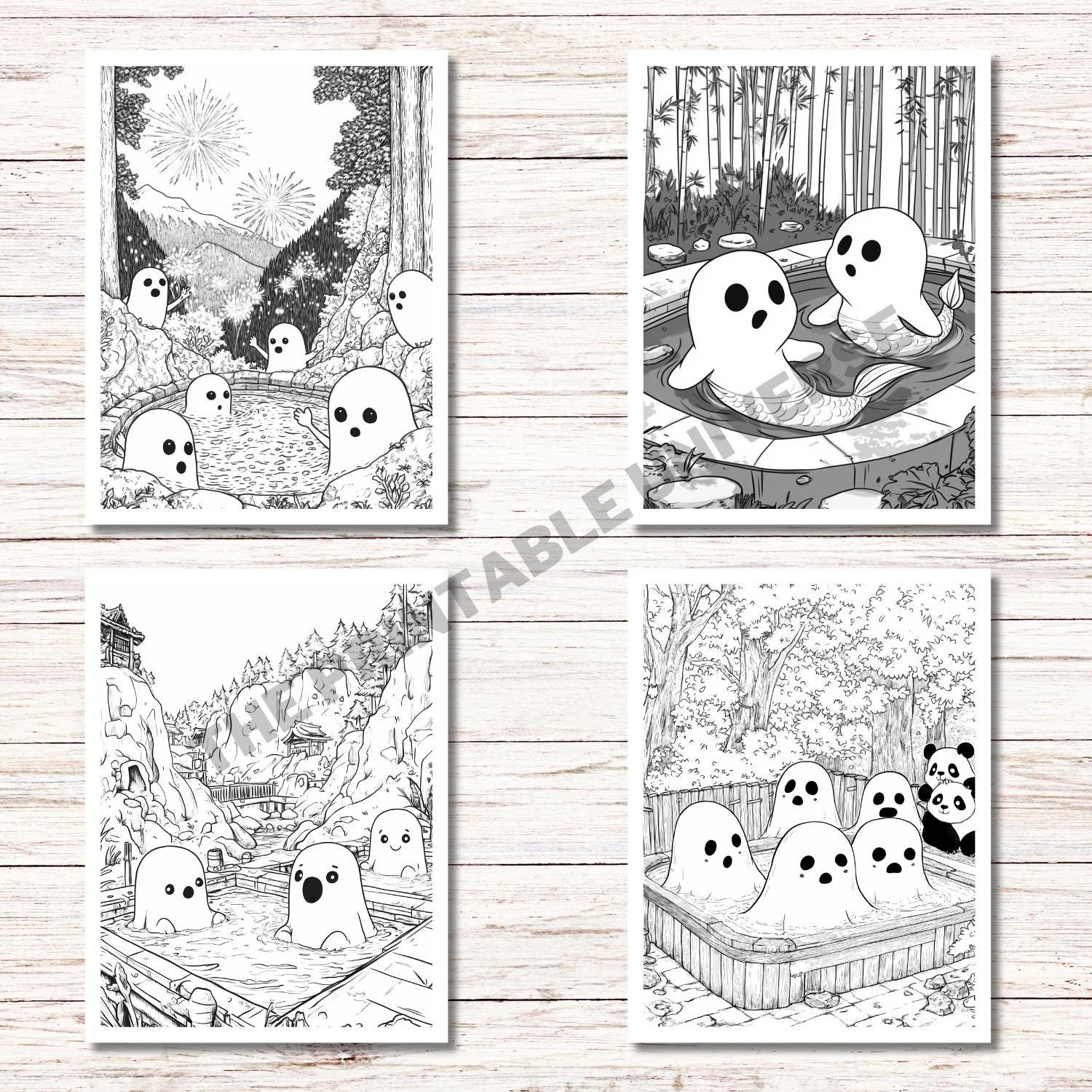 32 Ghosts in Japanese Bath Coloring Pages,digital Coloring Book, Cute ...