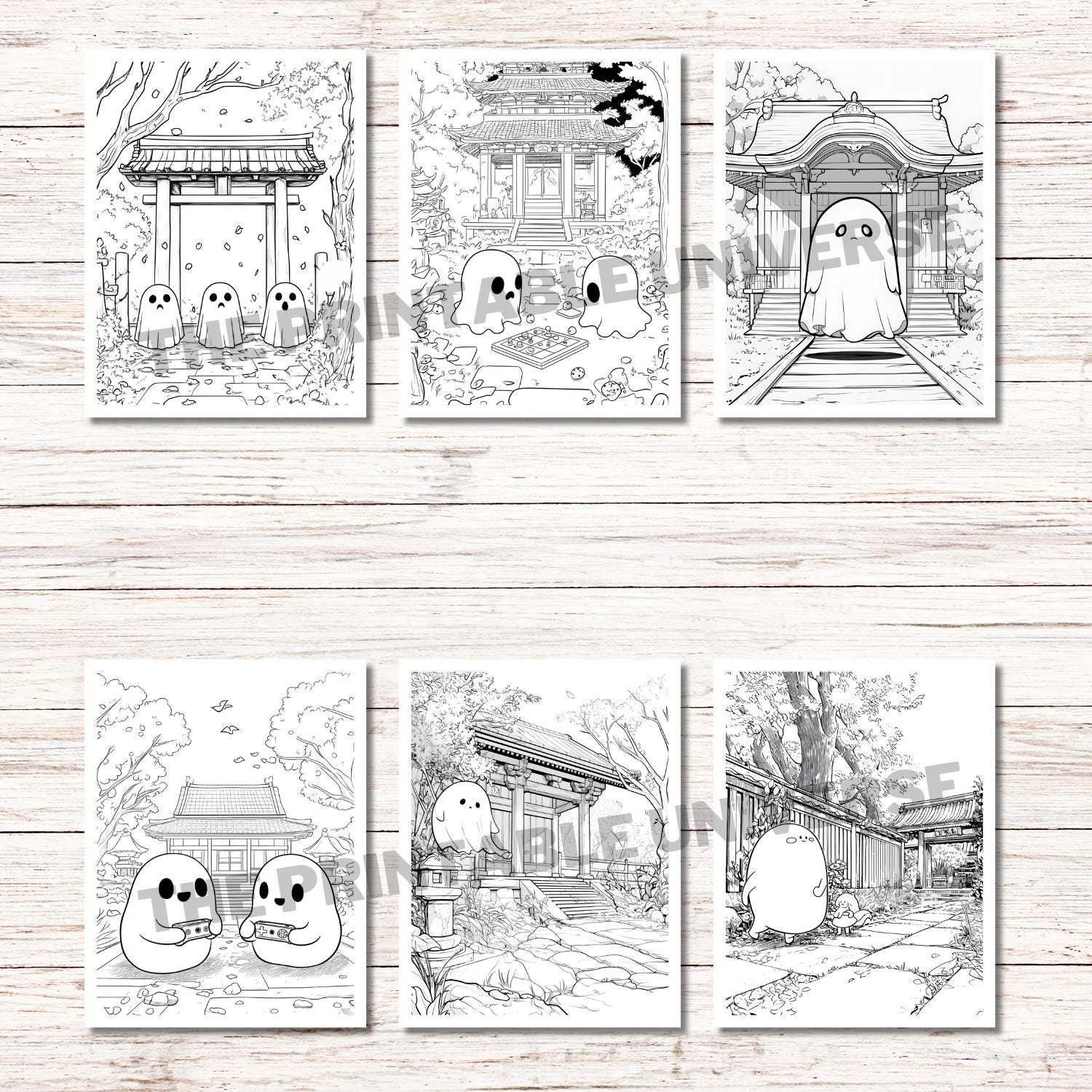 60 Ghosts in Japanese Temple Coloring Pages, Digital Coloring Book ...