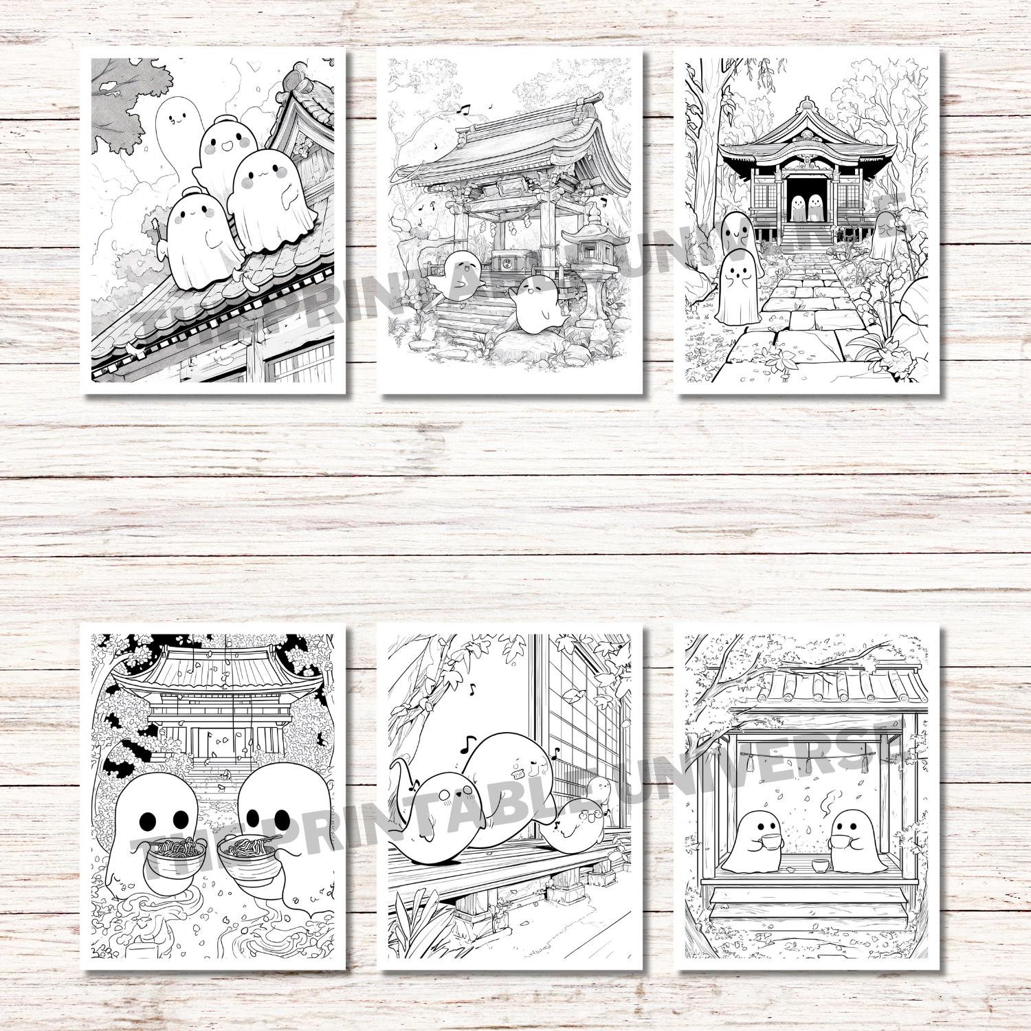 60 Ghosts in Japanese Temple Coloring Pages, Digital Coloring Book ...