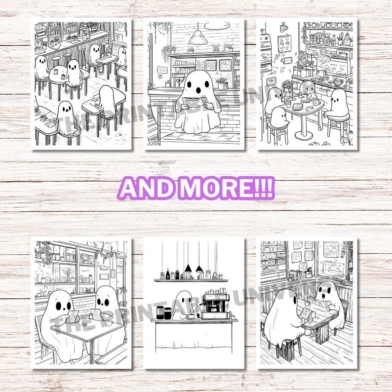 60 Ghosts in Coffee Shop Coloring Pages, Digital Coloring Book, Cute ...