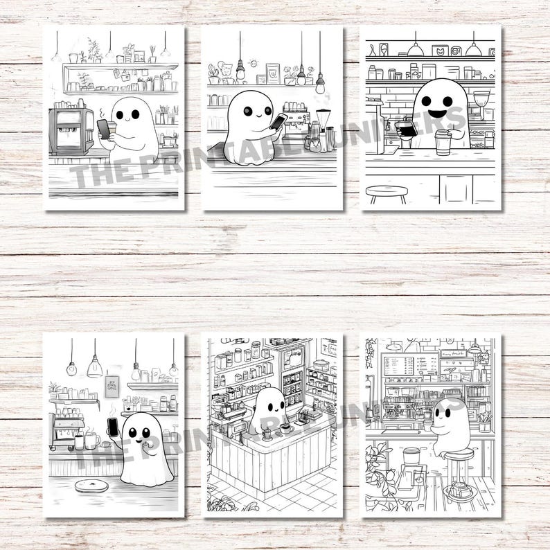 60 Ghosts in Coffee Shop Coloring Pages, Digital Coloring Book, Cute ...