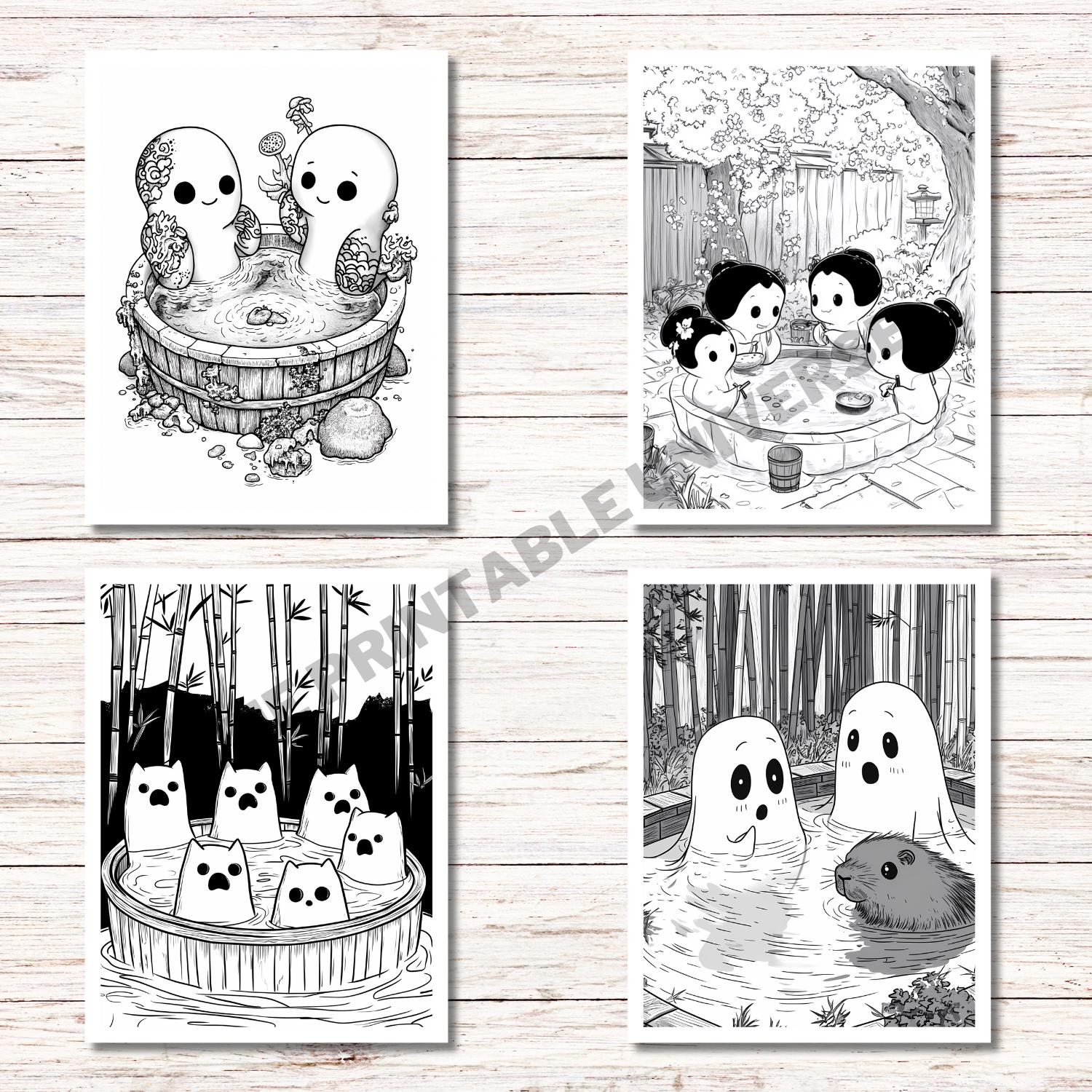 32 Ghosts in Japanese Bath Coloring Pages,digital Coloring Book, Cute ...