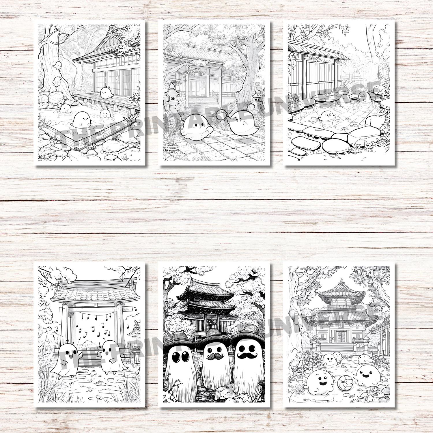 60 Ghosts in Japanese Temple Coloring Pages, Digital Coloring Book ...