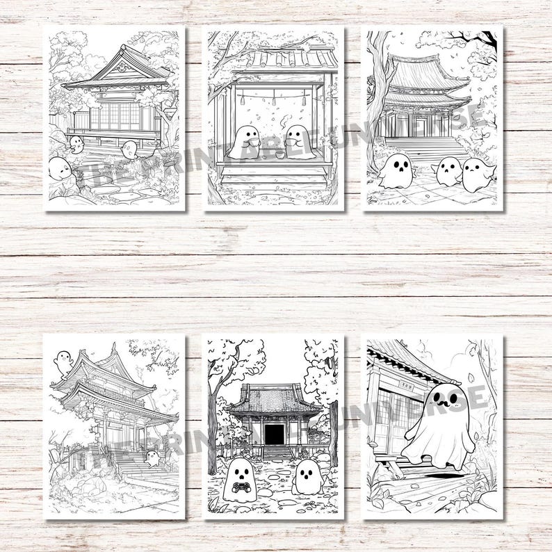 60 Ghosts in Japanese Temple Coloring Pages, Digital Coloring Book ...