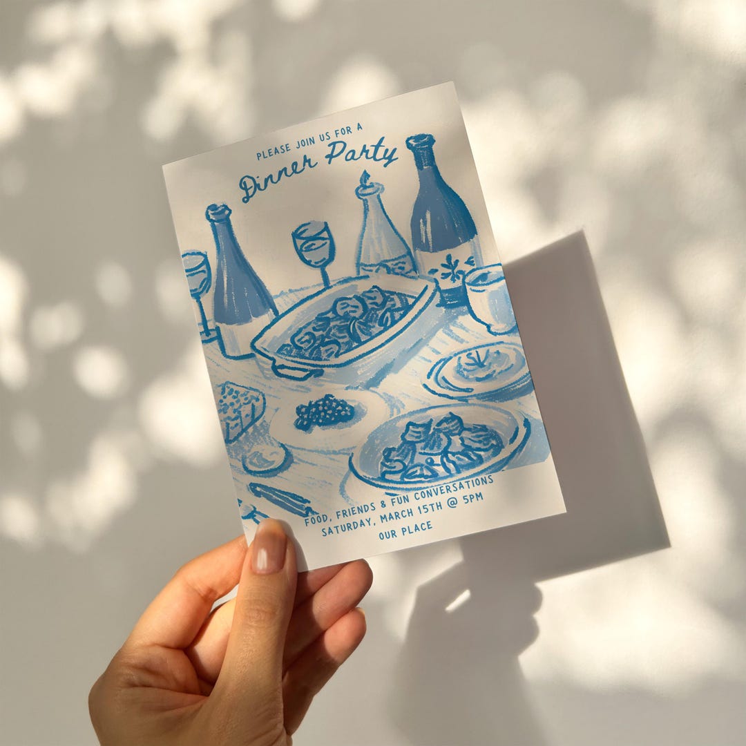 Hand-drawn Dinner Party Invitation: Delft Blue Tablescape (digital ...