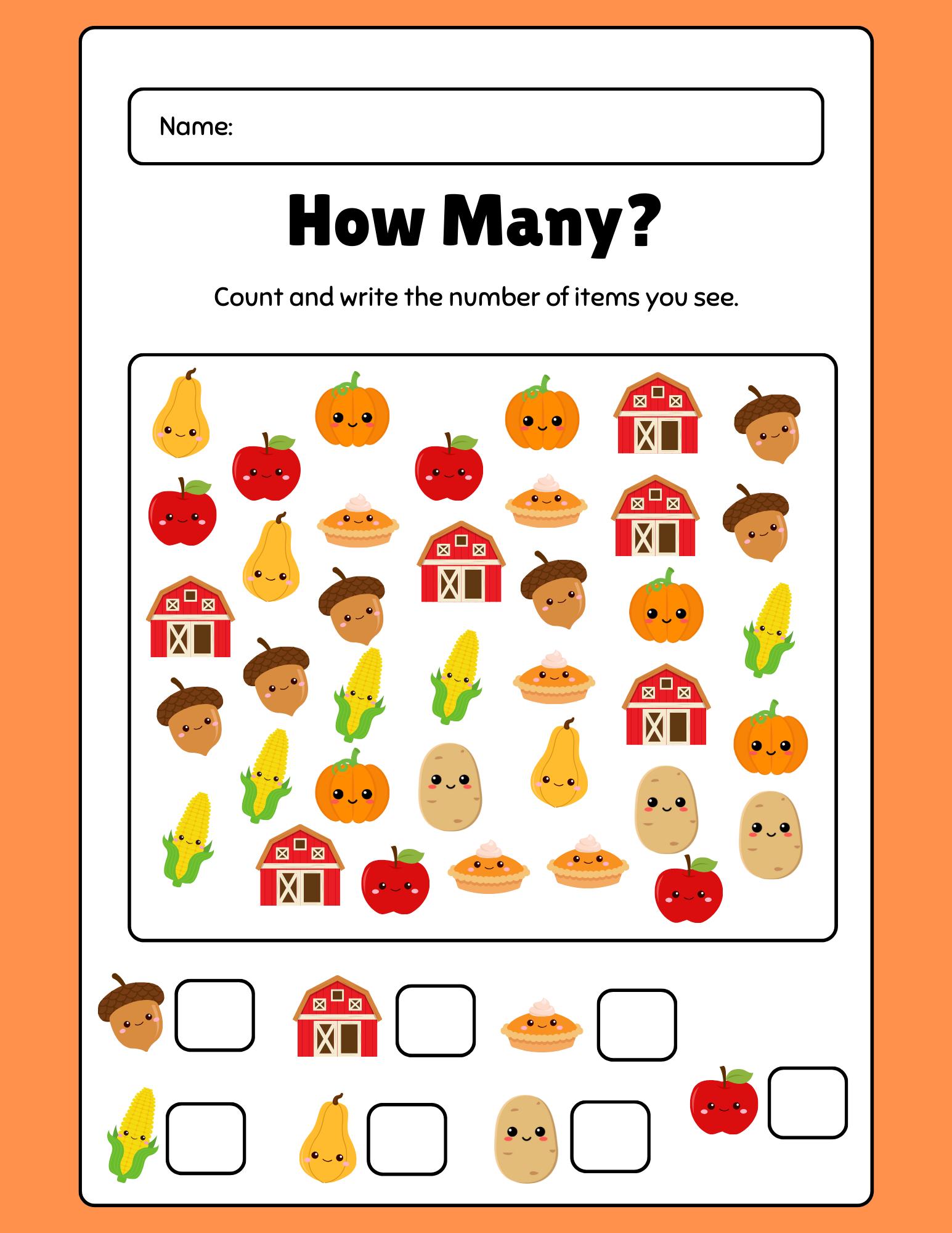 Pre-k Fall Themed Worksheet, Pre-k Counting, Homeschool Worksheet, Pre ...