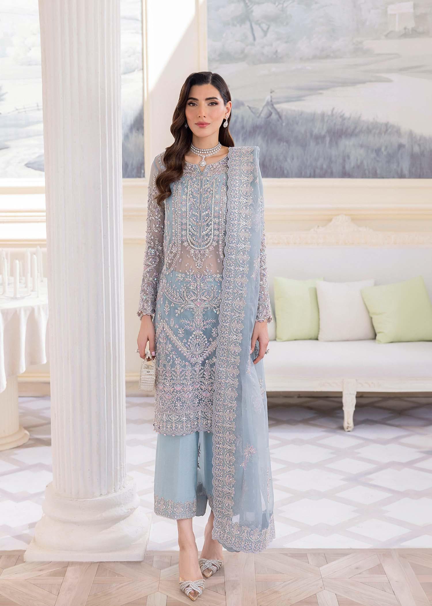 Pakistani Indian Wedding Dress Ice Blue Mehndi Nikkah Wear Suit Organza ...