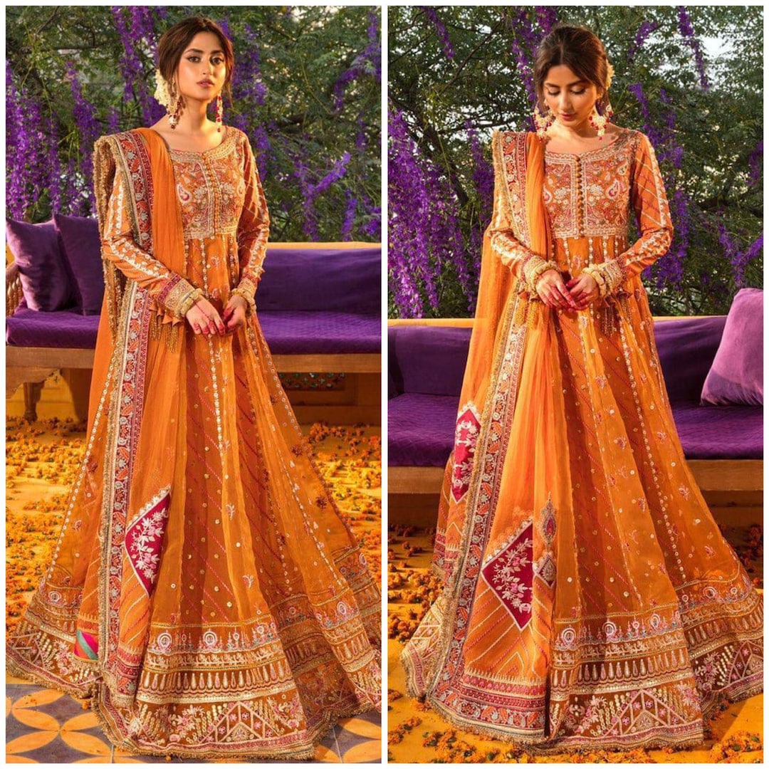 Orange Gown Pakistani Wedding Dresses Mehndi Nikkah Suit Indian ...