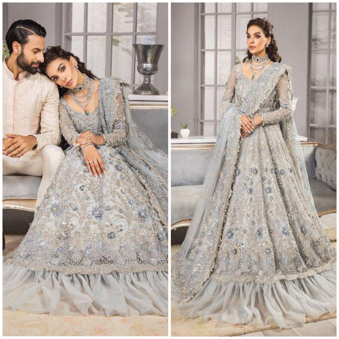 Grey Pakistani Wedding Dress Mehndi Nikkah Outfits Indian Handmade Suit ...