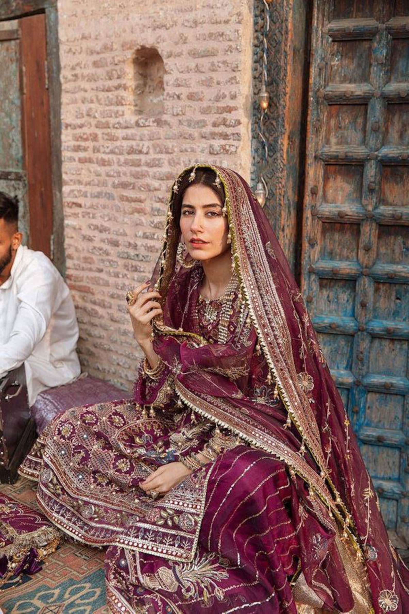 Pakistani Indian Wedding Dress Plum Mehndi Wear Suit Organza Handmade ...