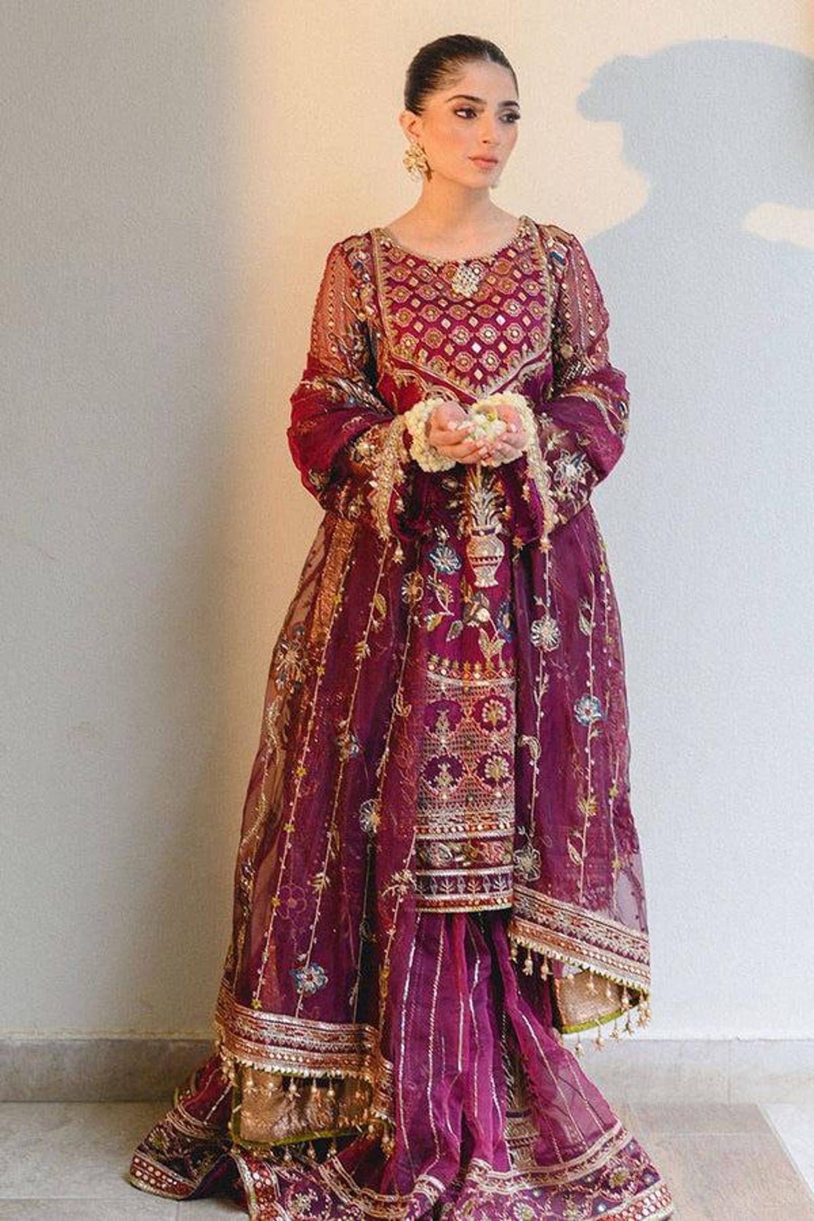 Pakistani Indian Wedding Dress Plum Mehndi Wear Suit Organza Handmade ...