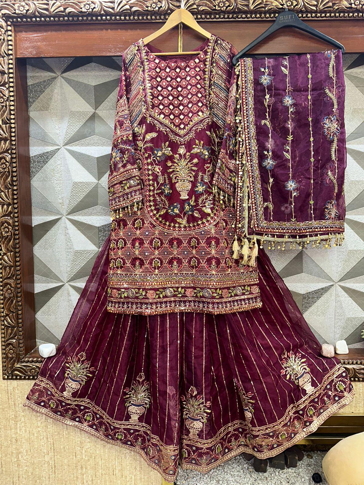Pakistani Indian Wedding Dress Plum Mehndi Wear Suit Organza Handmade ...