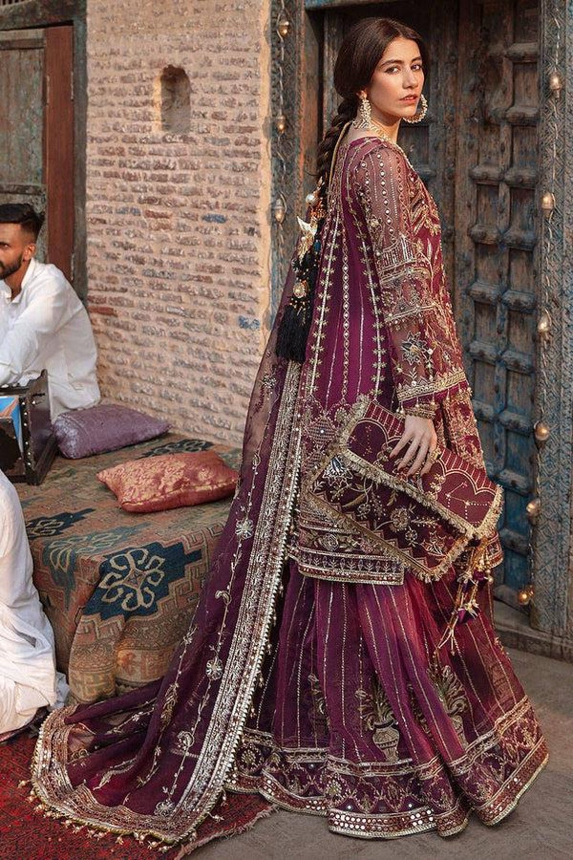 Pakistani Indian Wedding Dress Plum Mehndi Wear Suit Organza Handmade ...