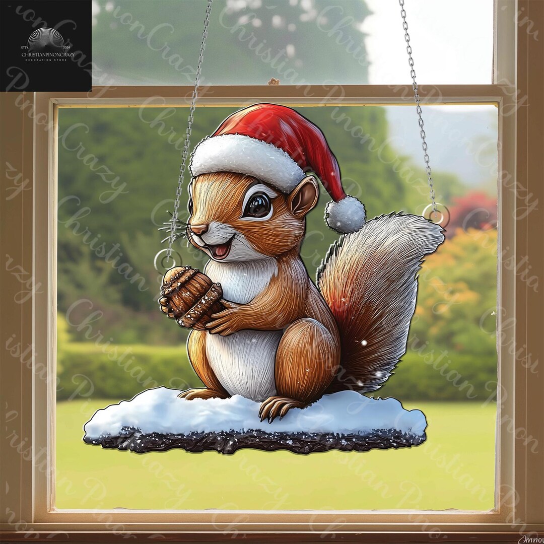 Christmas Squirrel Window Hanging Decor, 2D Acrylic Flat Ornament for ...