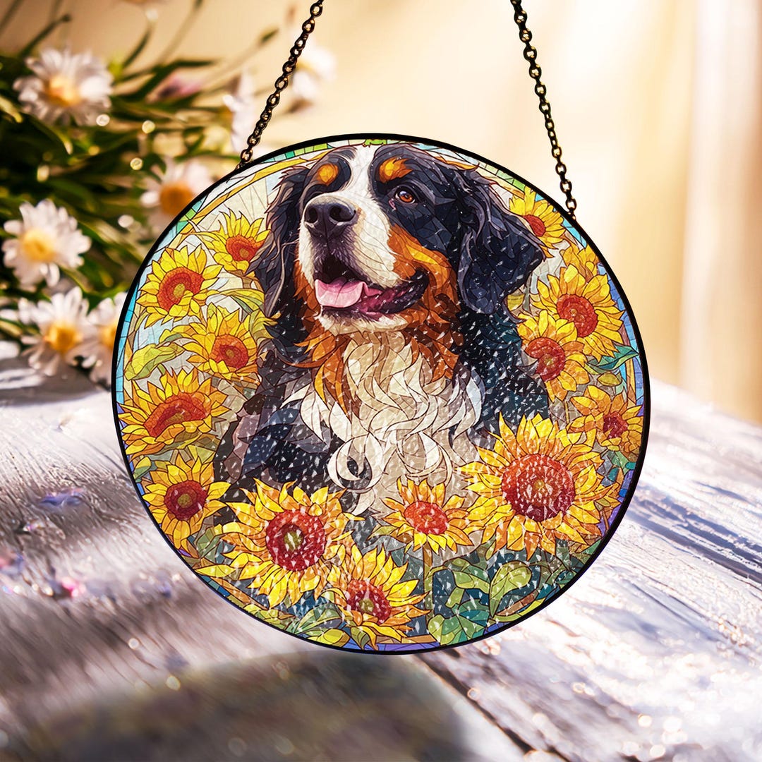 Bernese Mountain Dog Stained Glass Suncatcher, Bernese Dog Decorative ...