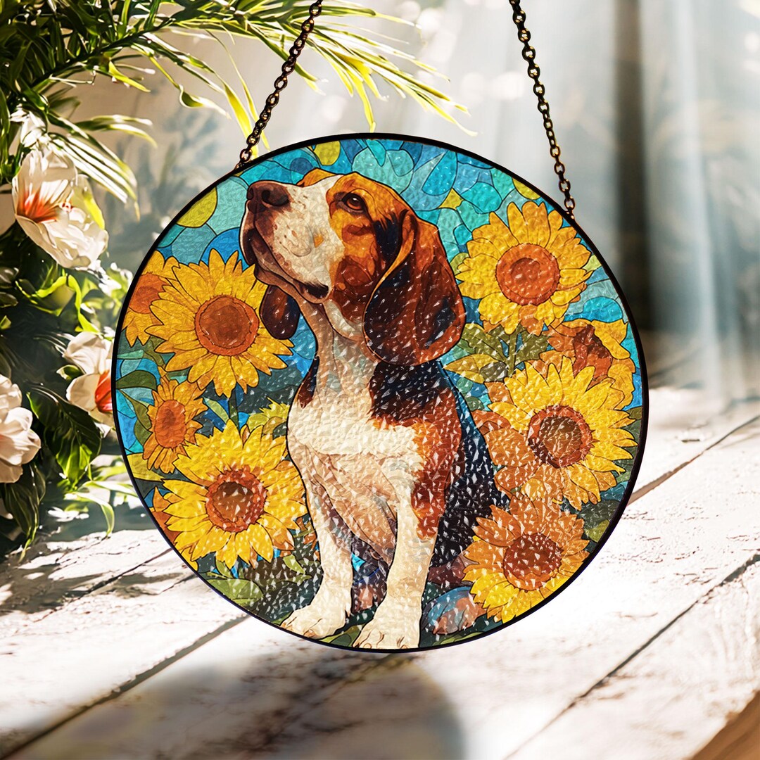 Beagle Dog and Sunflower Stained Glass Suncatcher,beagle Dog Decorative ...