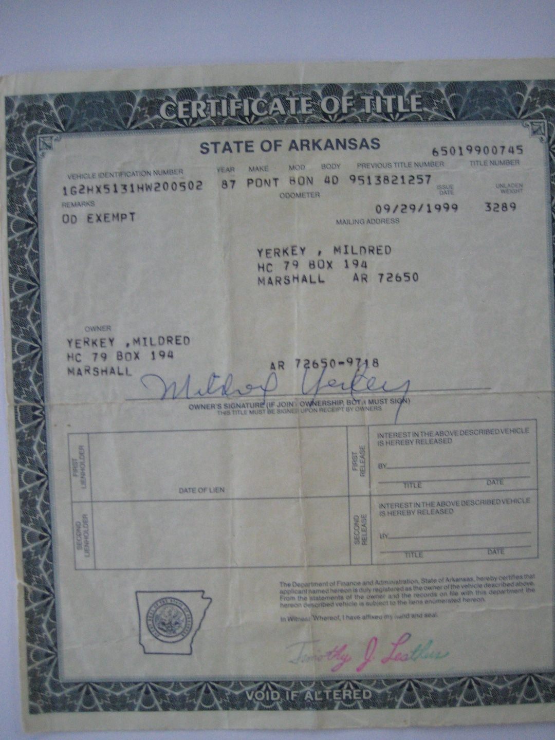 Vintage Car Title of a 1987 Pontiac Bonneville - Etsy