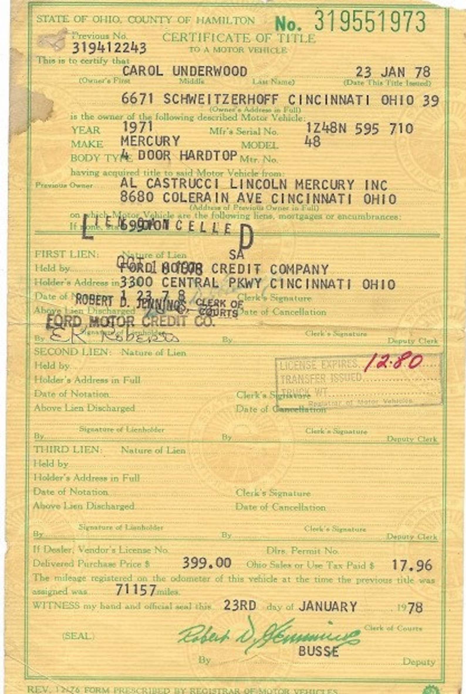 Vintage Ohio Car Title of a 1971 Mercury - Etsy